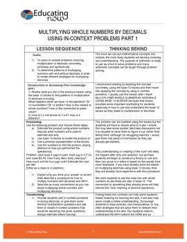 MULTIPLYING WHOLE NUMBERS BY DECIMALS USING IN CONTEXT PROBLEMS TPT