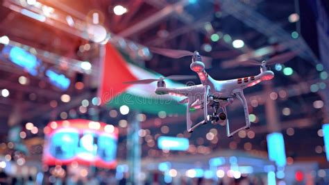 Uae Flag On Drone At Futuristic Tech Expo With Holographic Displays And