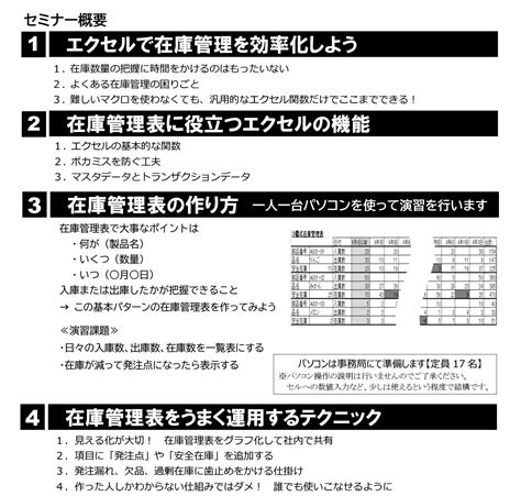 エクセル在庫管理表の作り方、使い方（実習付き）の研修講師を務めました（大阪府工業協会） 在庫管理システム・セミナー・コンサルの在庫管理110番