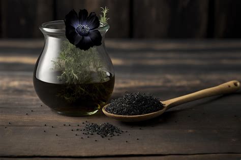 Premium Ai Image Black Cumin Essential Oil In A Glass Container With Nigella Sativa