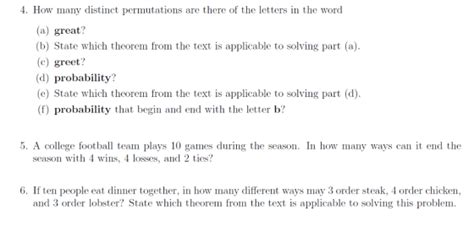 please provide the answers clearly 4. How many distinct permutations are there of the letters in ...