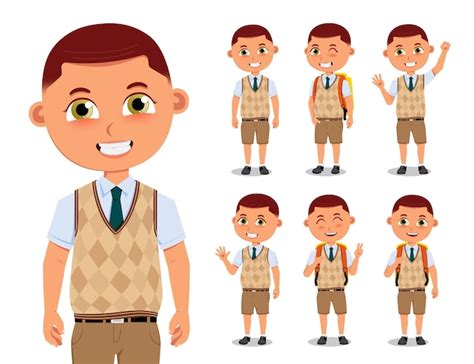 학교 학생 소년 벡터 캐릭터 세트 남성 3d는 귀엽고 유쾌한 표현으로 학교 학생들에게 돌아갑니다 프리미엄 벡터