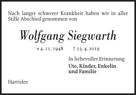Traueranzeigen Von Wolfgang Siegwarth Sh Z Trauer