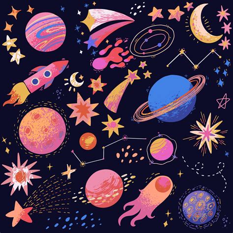 Set Of Hand Drawn Space Elements Planets Stars Comets