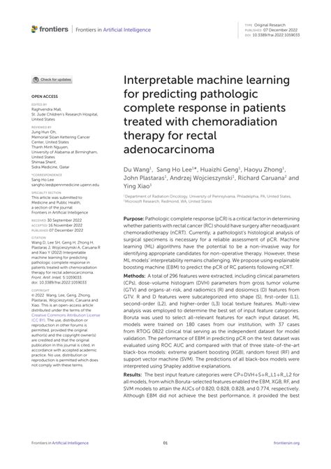 Pdf Interpretable Machine Learning For Predicting Pathologic Complete Response In Patients
