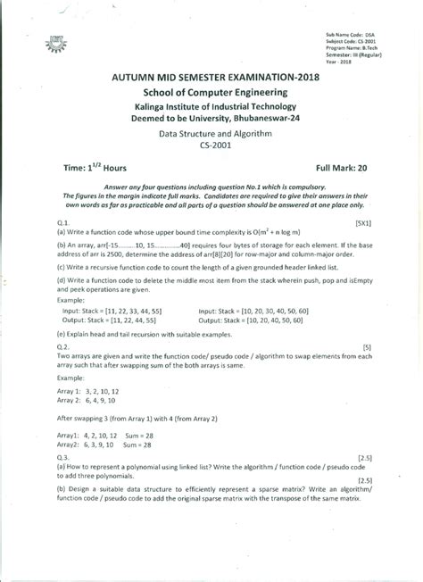 3rd Semester B Tech Data Structures And Algorithms Cs 2001 Autumn
