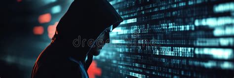 Hooded Figure With Binary Code Overlay On A Dark Digital Background