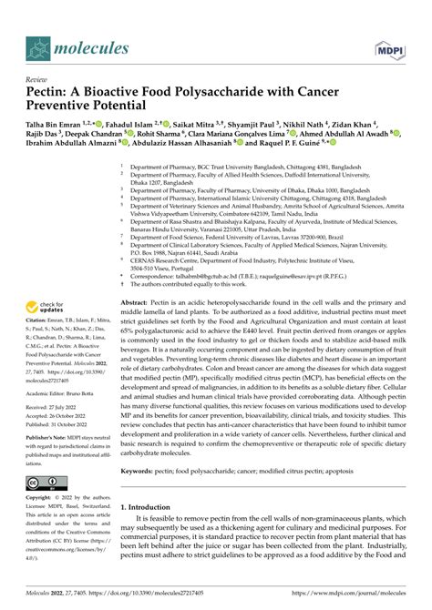 Pdf Pectin A Bioactive Food Polysaccharide With Cancer Preventive Potential