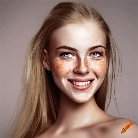 Portrait Of A Beautiful Young Woman With Freckles And Blonde Hair On
