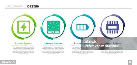 마이크로 회로 Cpu와 번개 볼트 암페어 미터 멀티 미터 볼트계 배터리 충전 수준 표시기 및 프로세서를 설정합니다 비즈니스 인포그래픽 템플릿입니다 벡터 Cpu에 대한 스톡