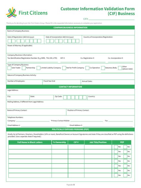 Customer Information Validation Form Cif Business Updated Fillable Pdf