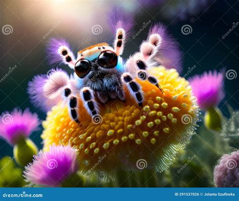 Cute Fluffy Little Spider In Magic Forest Neon Bright Colors Macro Ai Generation Stock