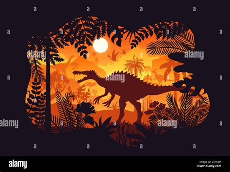 Prehistoric Spinosaurus Dinosaur Silhouette In Jungle Forest Sunset