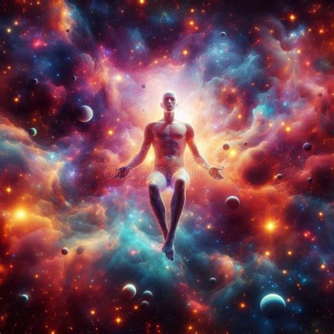 Human Form In Celestial Nebula With Planets And Vibrant Stars Stock