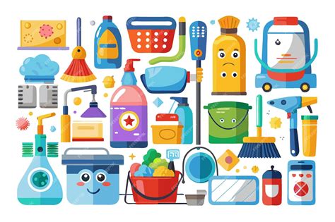 A Colorful Set Of Cleaning Supplies Icons Including A Broom A Vacuum