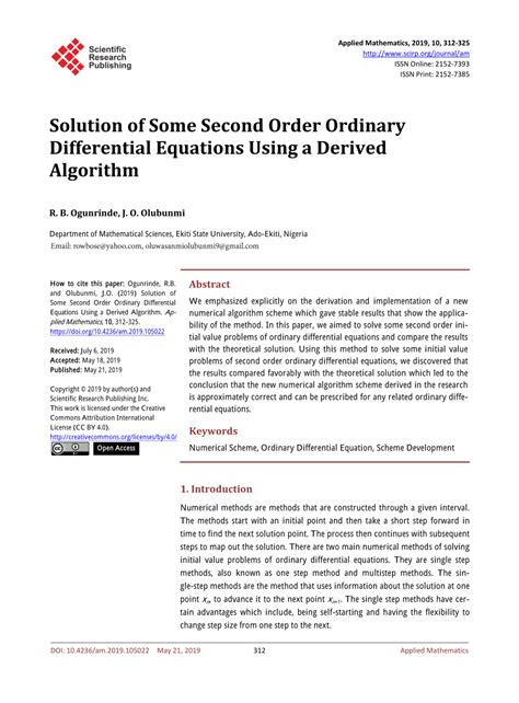 Pdf Solution Of Some Second Order Ordinary Differential Equations Using A Derived Algorithm
