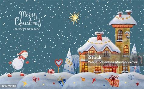 겨울 집 크리스마스 트리 나무 눈사람 눈자 눈과 선물크리스마스 수채화 아늑한 그림 축제 겨울 장면 손으로 그린 수채화 눈 덮인 거리 카드 포장 장식 산타 클로스에 대한 스톡