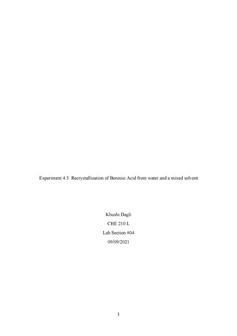 Lab Report 1 Organic Chemistry Lab Recrystallization Of Benzoic Acid