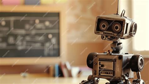 Premium Photo Robot With A Cameralike Head Against A Classroom Blackboard Background The
