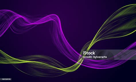 Dynamic Particles Mutual Sound Wave Flowing Over Dark Dotted Double Curves Vector Abstract