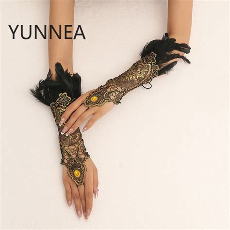 Steampunk 레이스 깃털 손목 커프스 고딕 깃털 장갑 무대 쇼걸 브라질 카니발 레이브 파티 코스프레 라틴 댄스 착용 2
