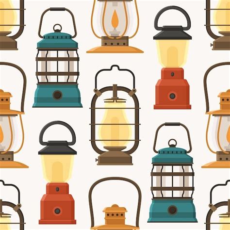 평면 디자인의 빈티지 캠핑 랜턴 패턴 레트로 오일 램프와 등불 원활한 배경 프리미엄 벡터 캠핑 랜턴 랜턴 빈티지