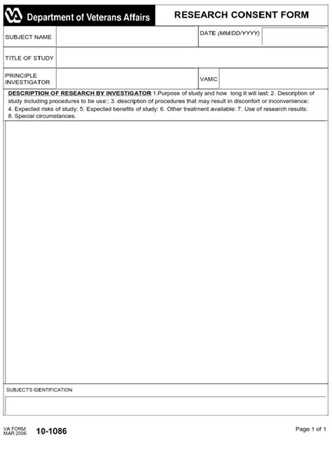 Va Form 10 1086 Research Consent Form Va Forms