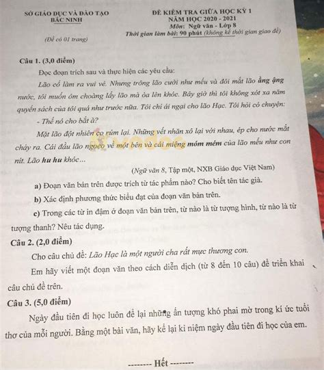 Đề thi giữa học kì 1 lớp 8 môn Ngữ văn Sở GD ĐT Bắc Ninh năm học 2020