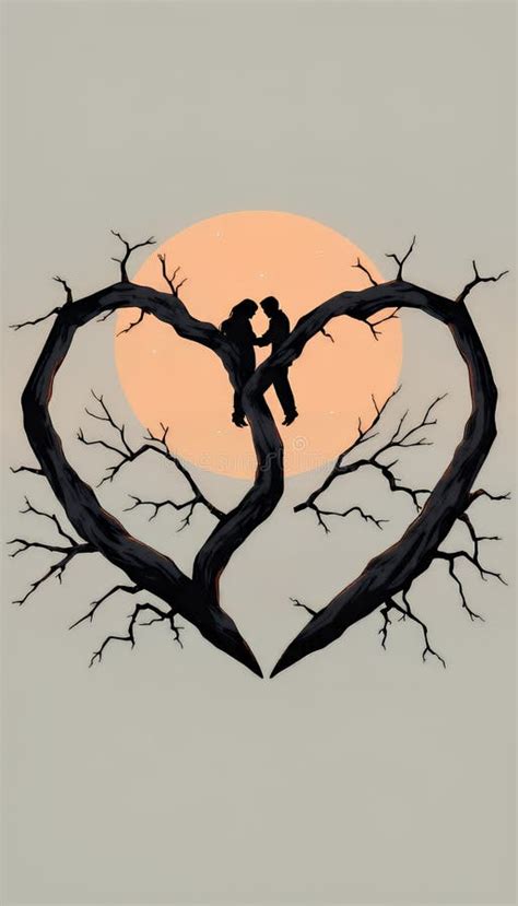 Pixel Art Romantic Embrace Heart Shaped Tree Silhouette Against Peach Sun Stock Illustration