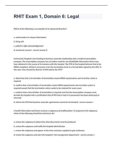 rhit exam 1 domain 6 legal question and answers correctly solved 2023