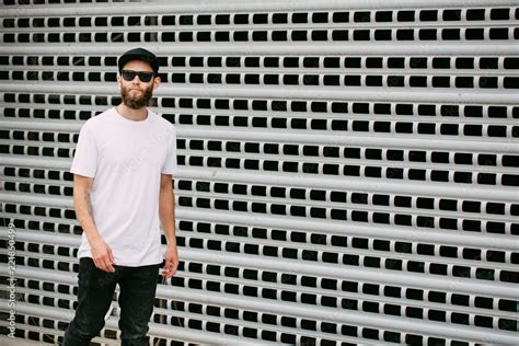 Hipster Handsome Male Model With Beard Wearing White Blank T Shirt And