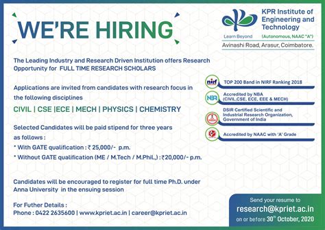 Kpr Institute Of Engineering And Technology Wanted Full Time Research