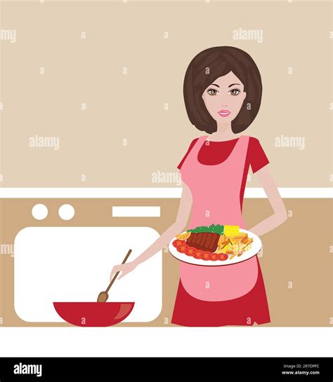 Vector Illustration Of A Housewife In The Kitchen Stock Vector Image