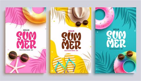 Premium Vector | Summer hello poster vector set design hello summer text greeting with floaters ...