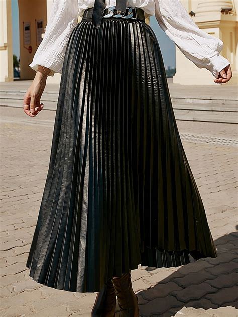 Pleated Pu Leather Skirt Flare Maxi Skirt