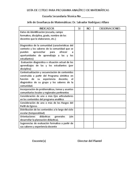 Lista De Cotejo Para El Programa Analítico De Matemáticas Pdf