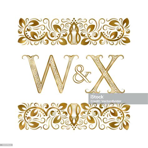 W 및 X 빈티지 이화 기호 문자는 장식 요소로 둘러싸여 있습니다 결혼식 또는 비즈니스 파트너 로얄 스타일의 모노그램 결혼식에 대한 스톡 벡터 아트 및 기타 이미지 Istock