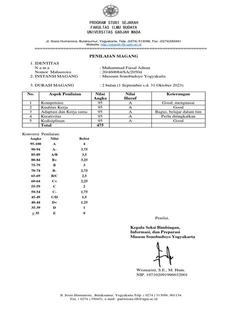 Form Penilaian Magang Mahasiswa Muhammad Faisal Adnan Pdf