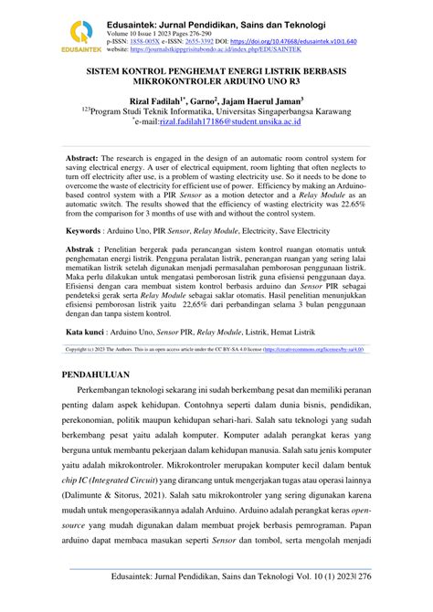 Pdf Sistem Kontrol Penghemat Energi Listrik Berbasis Mikrokontroler Arduino Uno R3