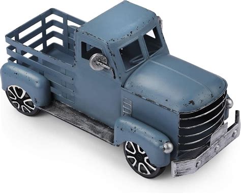 Blue Truck Decor Metal Small Cute Farm Car Decor Vintage Tree Flowers