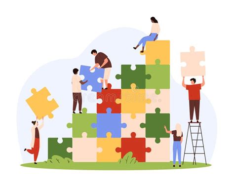 Teamwork Strategy Partnership Tiny People Connect And Match Puzzle Pieces Fit Parts Stock
