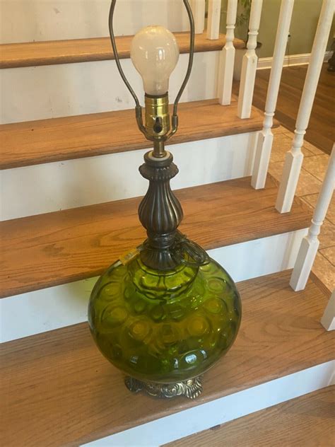 Vintage Mid Century Modern Green Glass Table Lamp Very Rare Green
