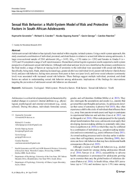 Pdf Sexual Risk Behavior A Multi System Model Of Risk And Protective