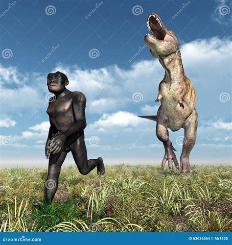 O Tiranossauro Rex Ataca O Homo Habilis Ilustração Stock Ilustração