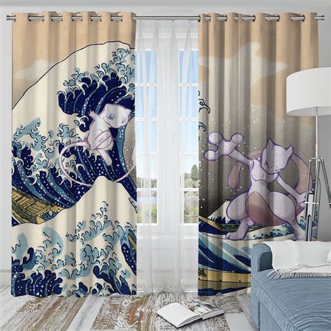 Mewtwo Vs Mew Pokemon The Great Wave Japan Window Curtain Nearkii
