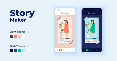 Story Maker Cartoon Smartphone Interface Vector Templates Set Mobile App Screen Page Day And