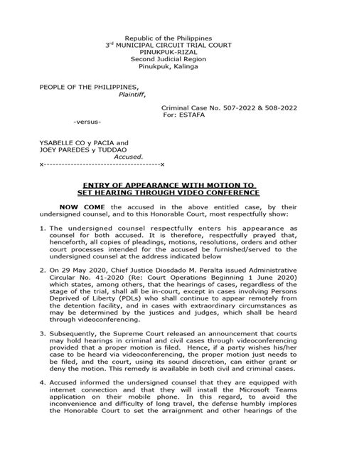 Entry Of Appearance With Motion To Set Hearing Video Connference
