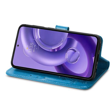 For Motorola Edge Neo Four Leaf Clasp Embossed Leather Phone Case Blue Alexnld Com