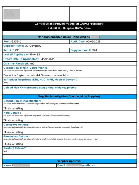 Fillable Online Supplier Capa Form Non Conformance Detailcompleted
