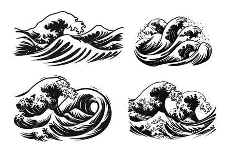 Premium Vector Sea Wave Black Silhouette Clip Art Set Isolated On